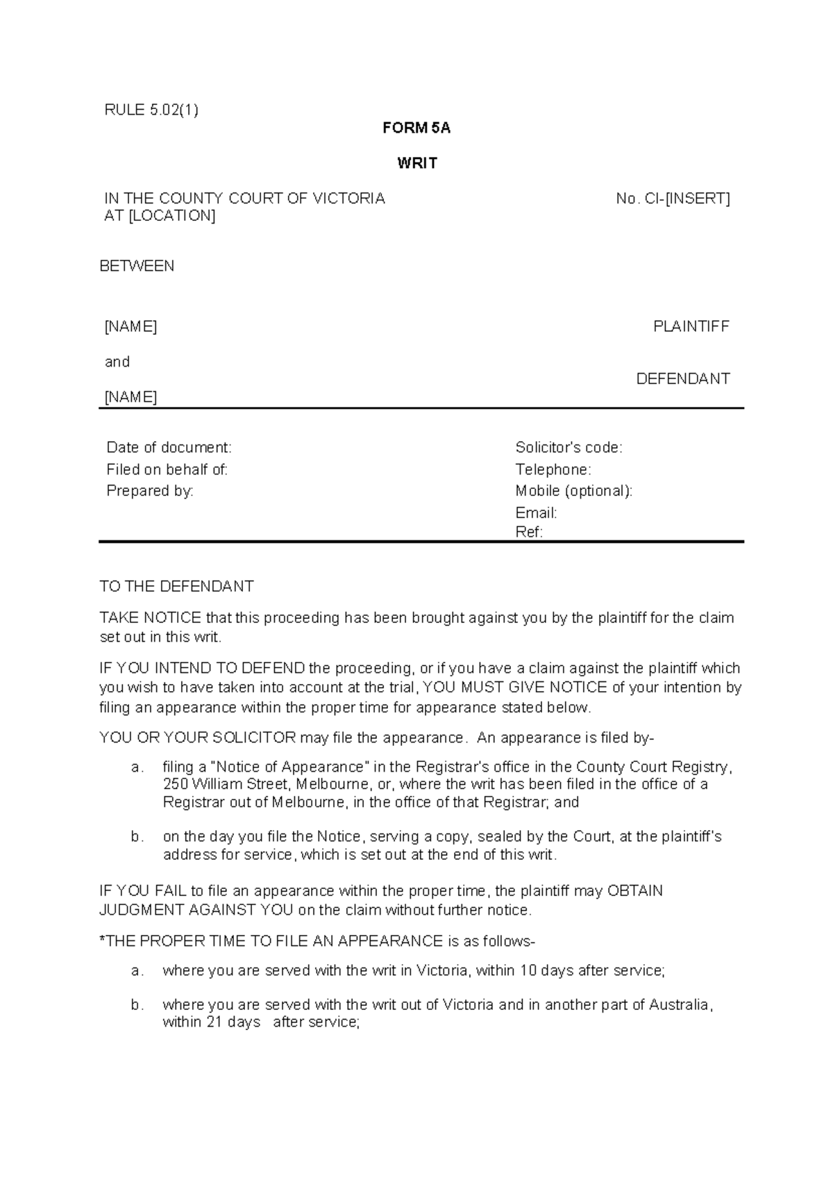 Form 5a writ template - RULE 5(1) FORM 5A WRIT IN THE COUNTY COURT OF ...