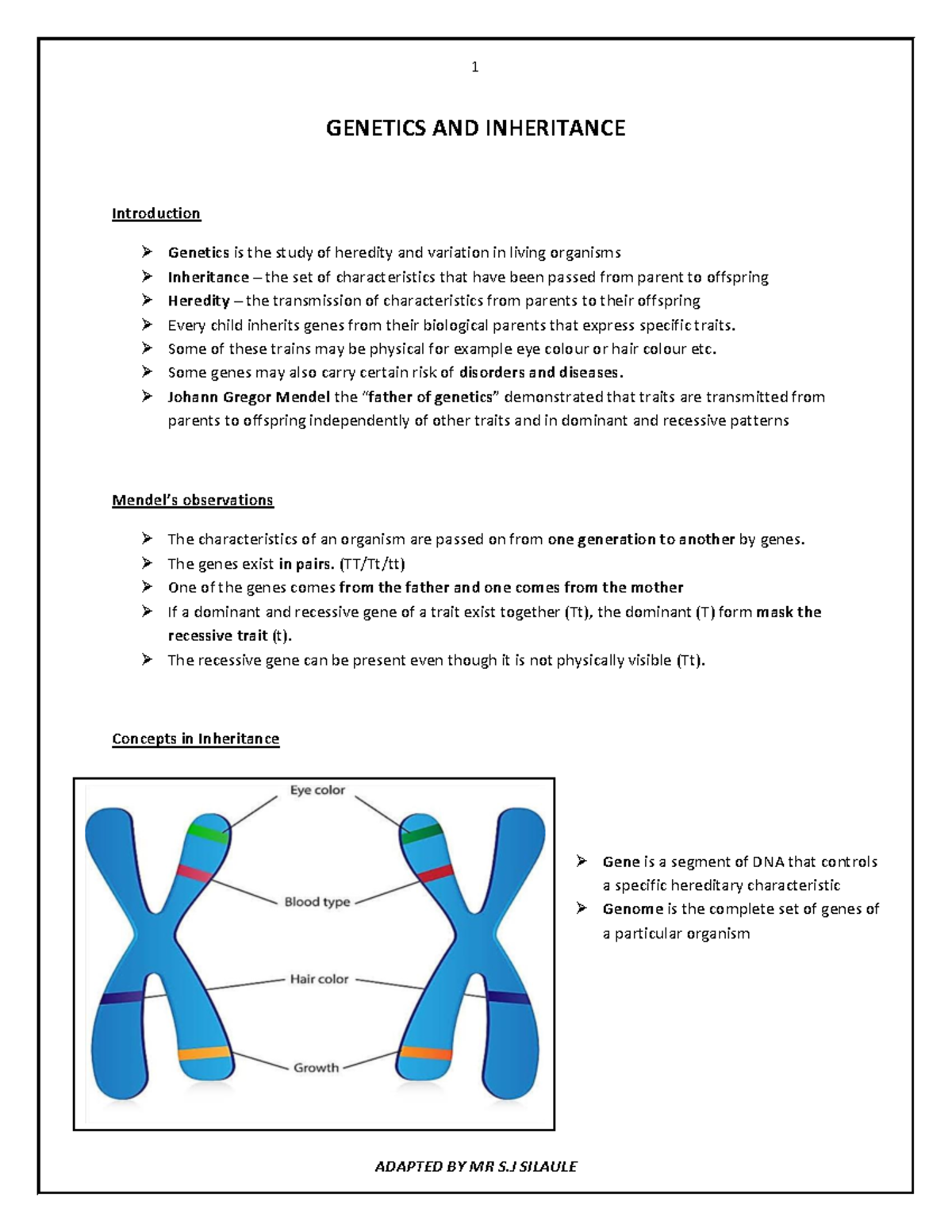 Genetics Notes edited - GENETICS AND INHERITANCE Introduction Genetics ...