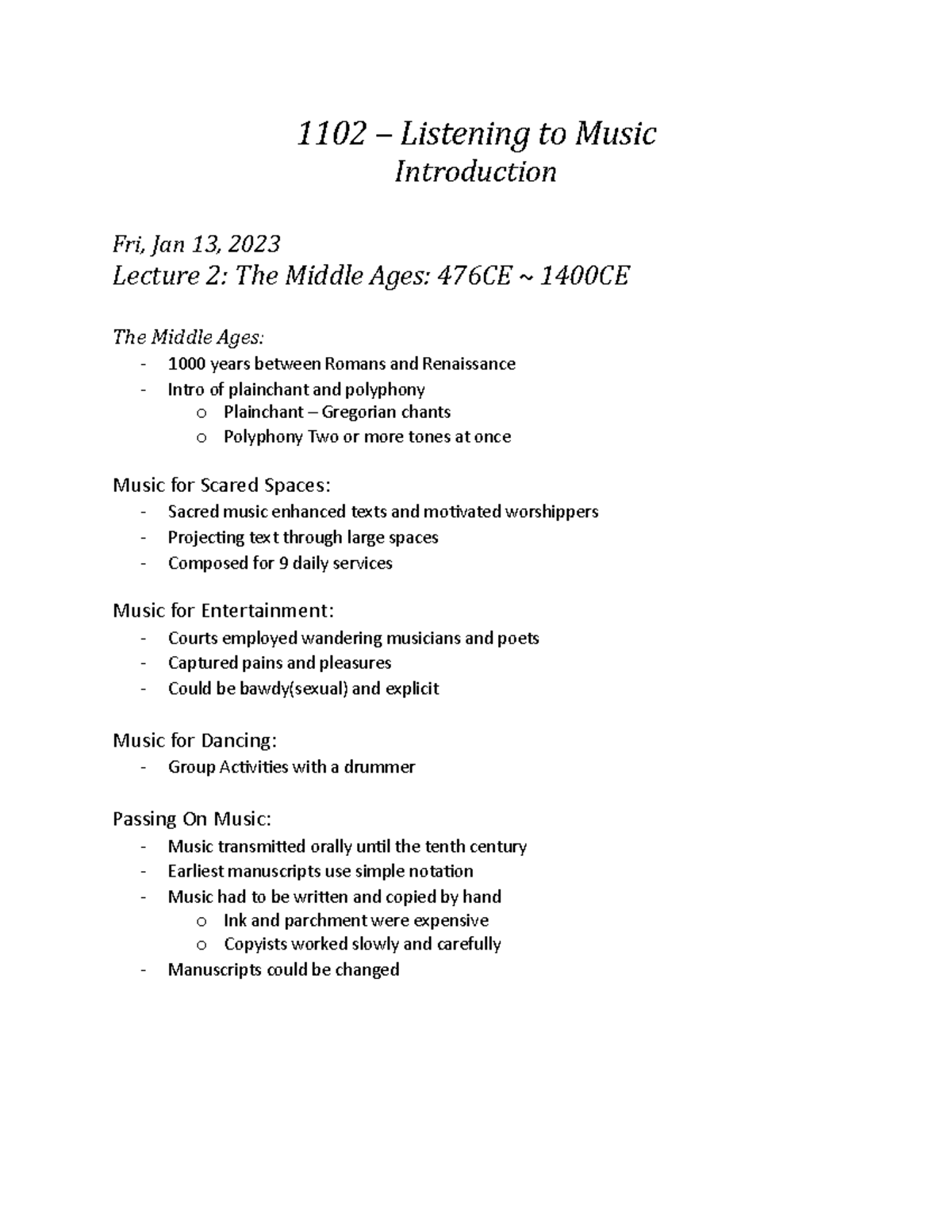 1102 Lecture 2 - 1102 – Listening to Music Introduction Fri, Jan 13 ...