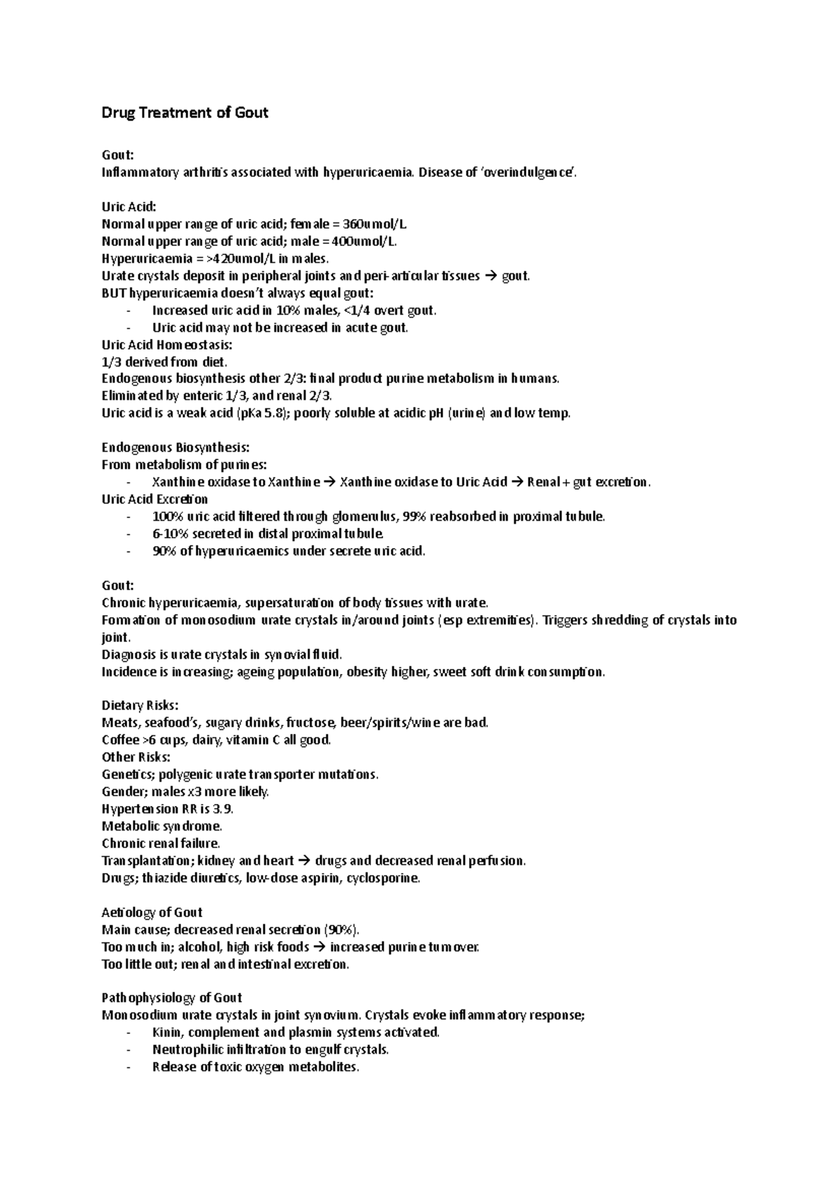 Pharmacology Gout - Lecture notes on gout and its drug treatments ...