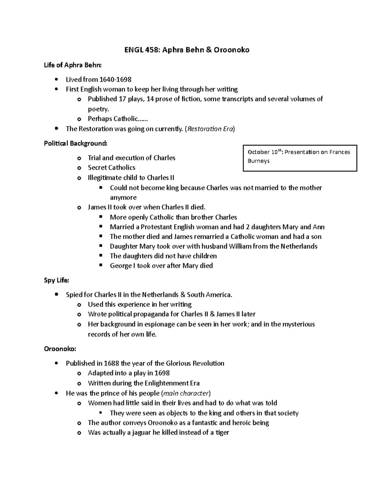 Oroonoko - ENGL 458: Aphra Behn & Oroonoko Life of Aphra Behn: Lived ...