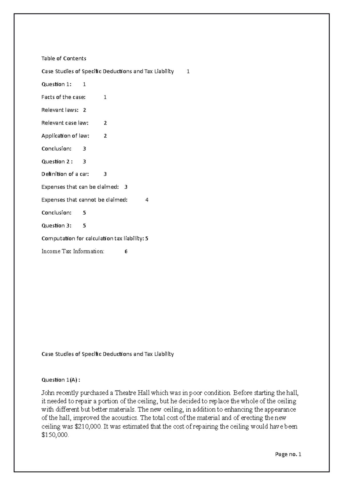 Taxation assignment - Table of Contents Case Studies of Specific ...