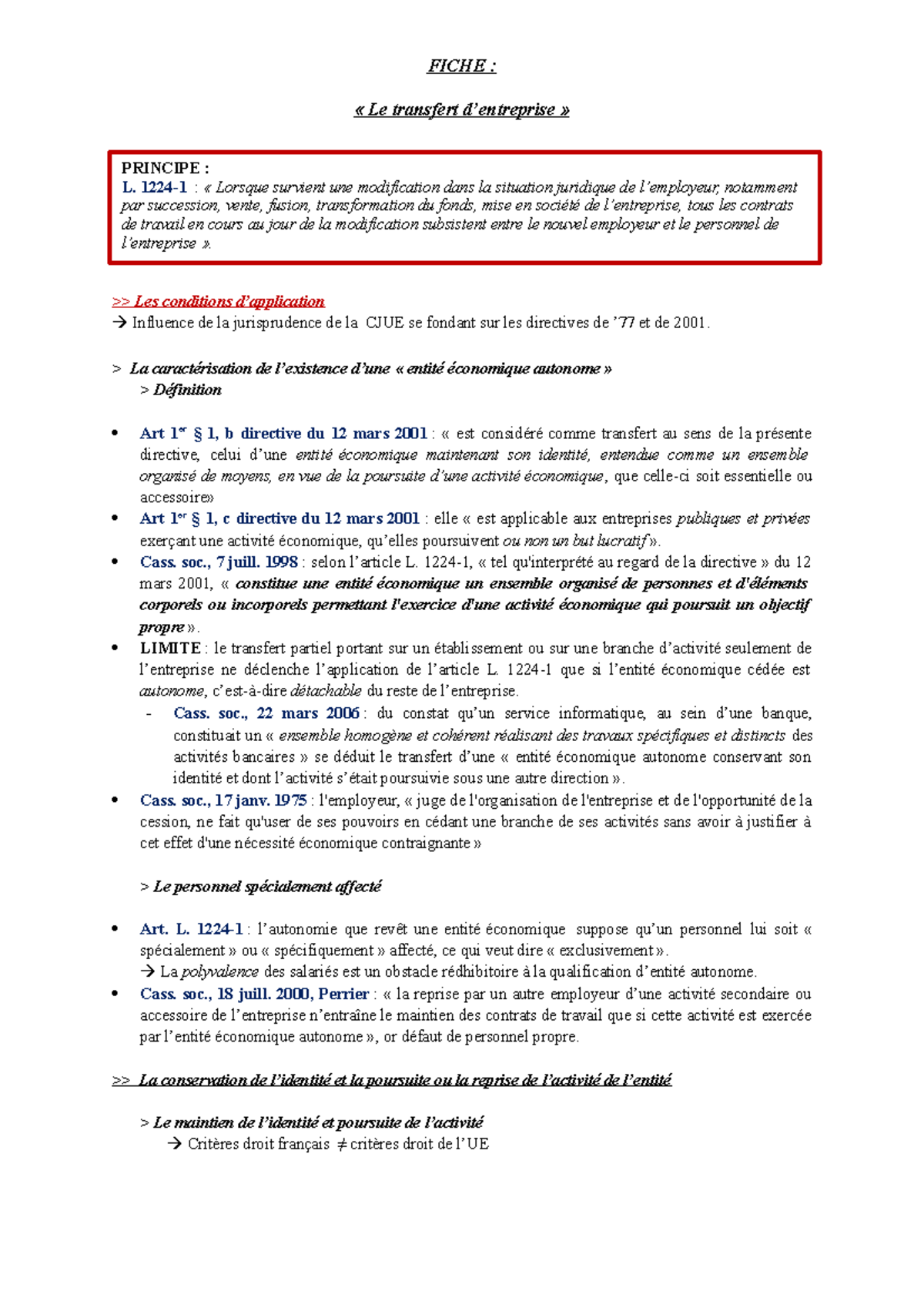 Fiche Le transfert d'entreprise - FICHE : « Le transfert d’entreprise ...