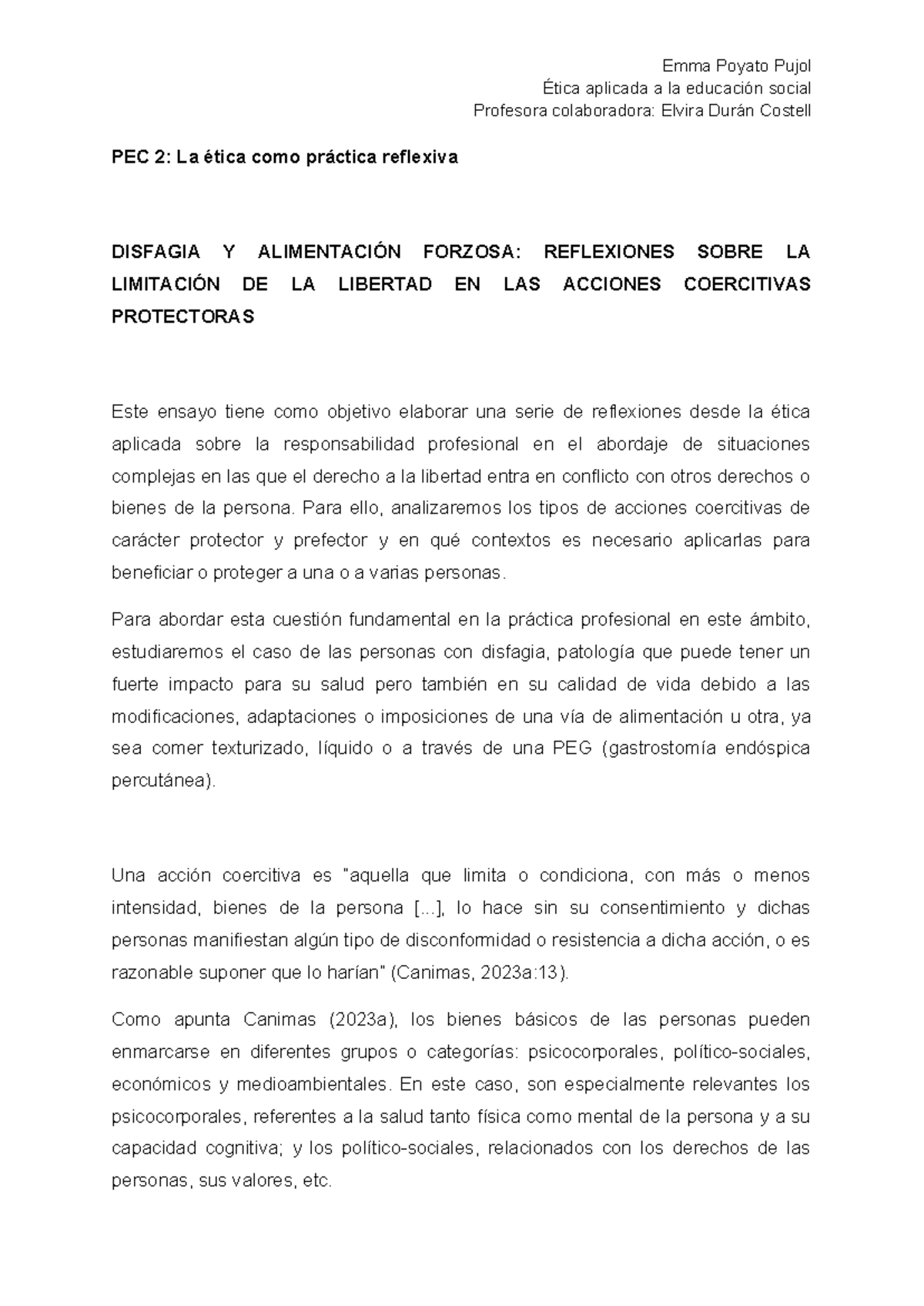 Ética aplicada a la Educación Social PEC 2 - Ética aplicada a la educación social Profesora ...