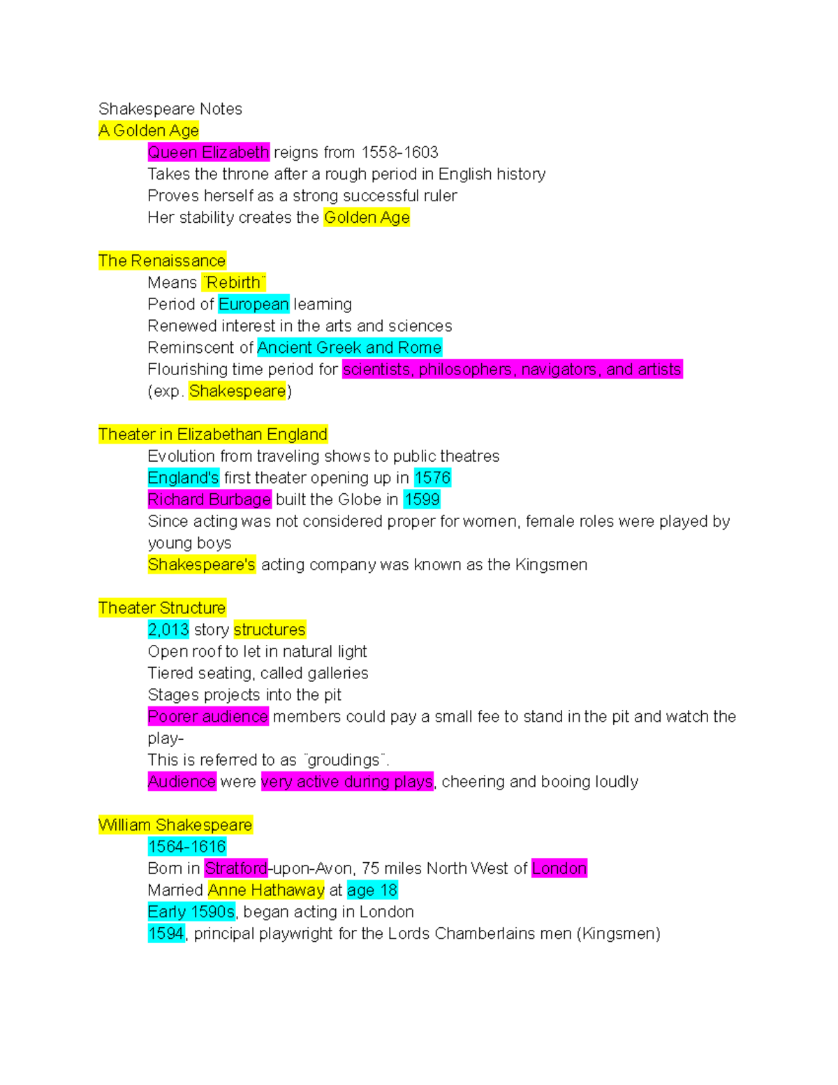 Shakespeare Notes - Shakespeare) Theater in Elizabethan England ...