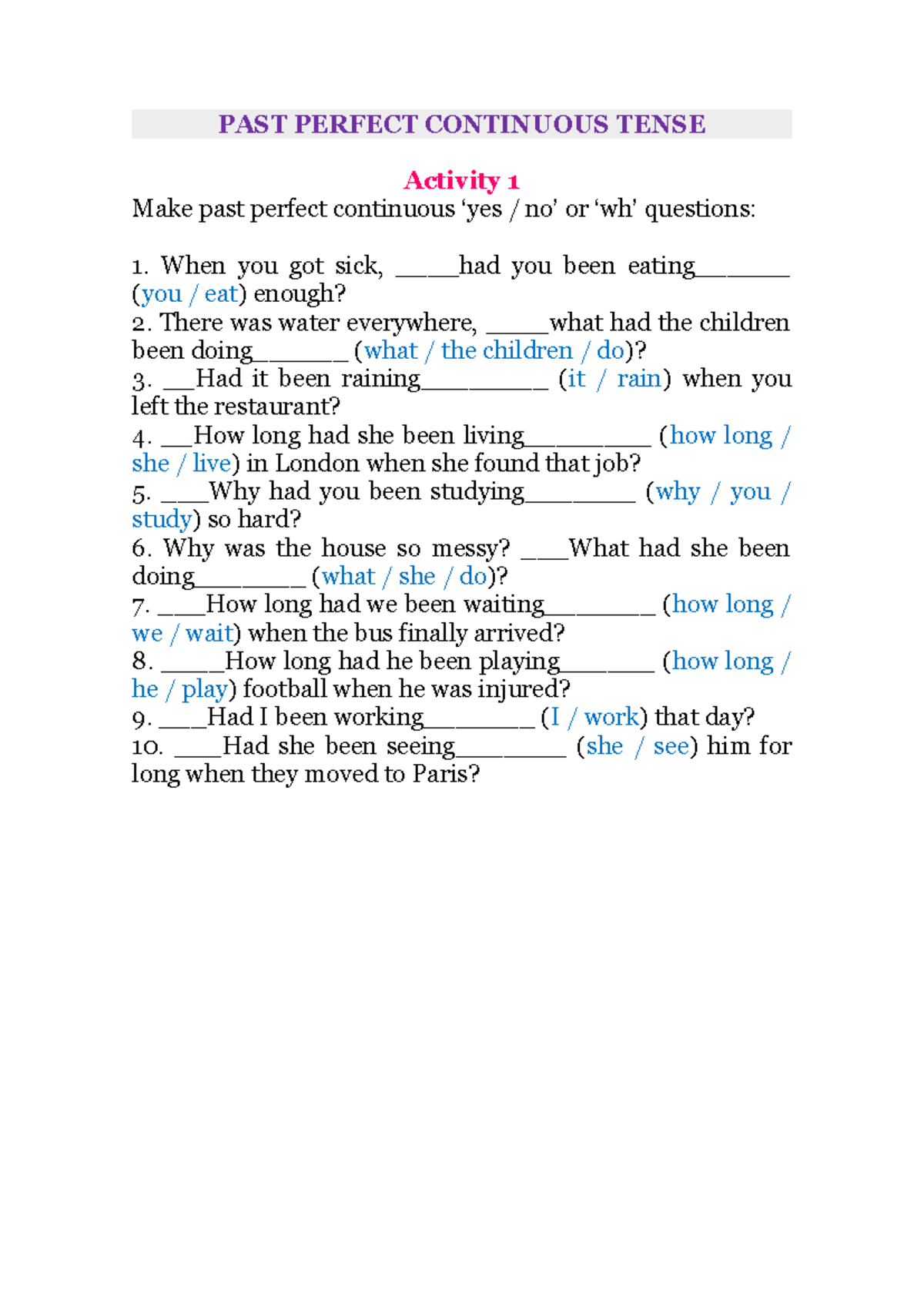 Past Perfect Cont Questions Activity - PAST PERFECT CONTINUOUS TENSE ...