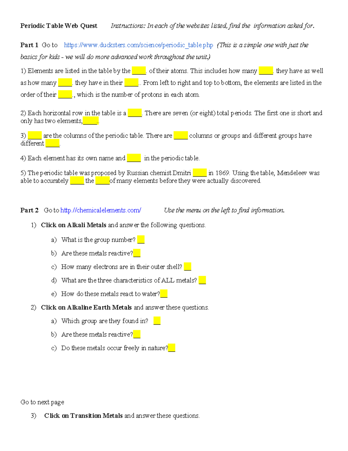Copy of Periodic Table Webquest - Periodic Table Web Quest Instructions ...