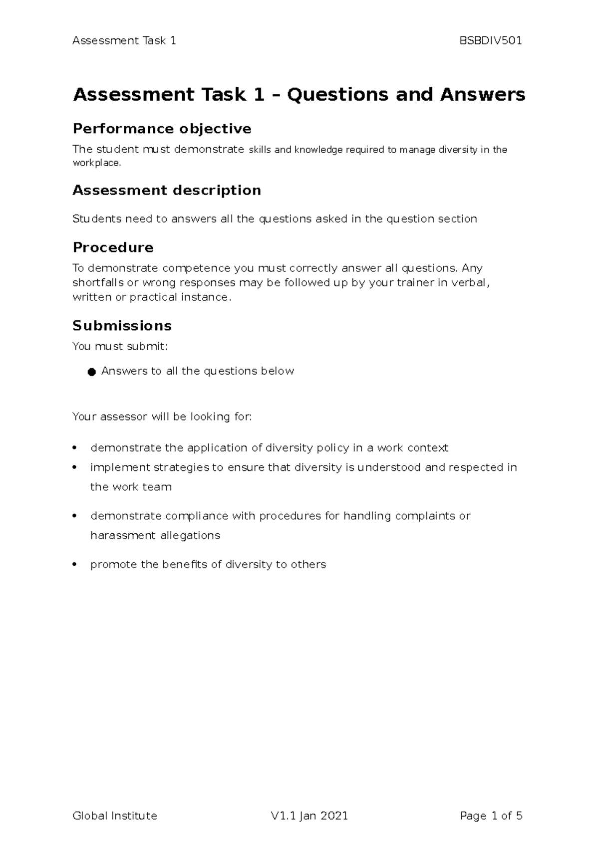 BSBDIV501 Assessment Task 1 Questions and Answers - Studocu