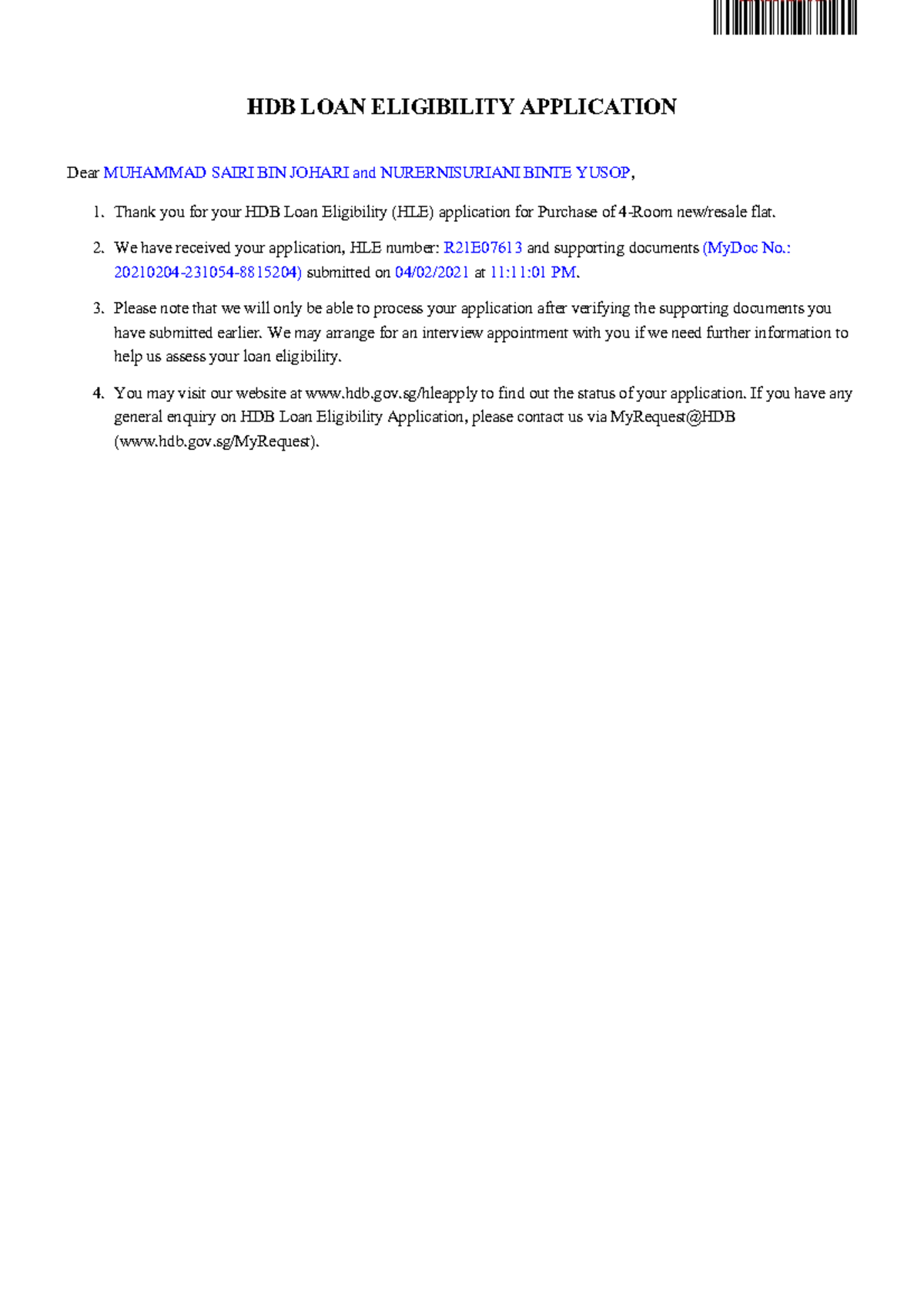 HLE documents for housing - HDB LOAN ELIGIBILITY APPLICATION Dear ...