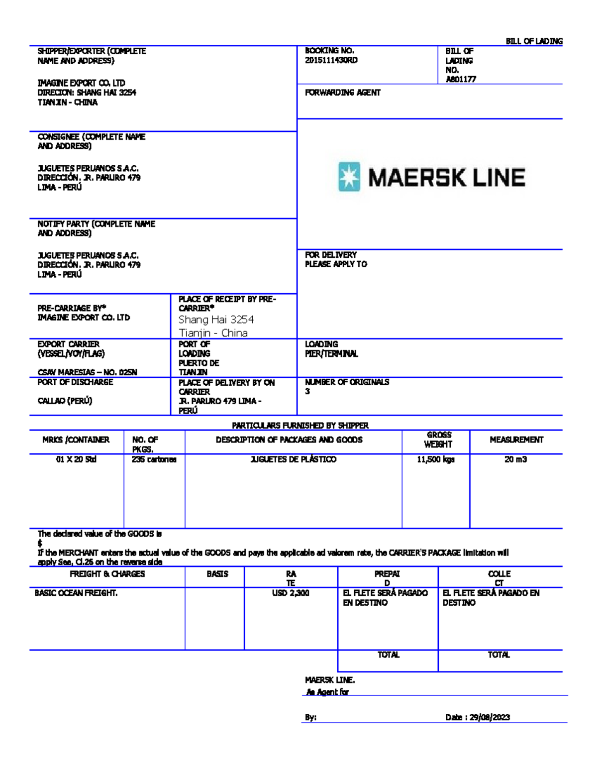 Formato BL - CASO 4 - BILL OF LADING SHIPPER/EXPORTER (COMPLETE NAME ...