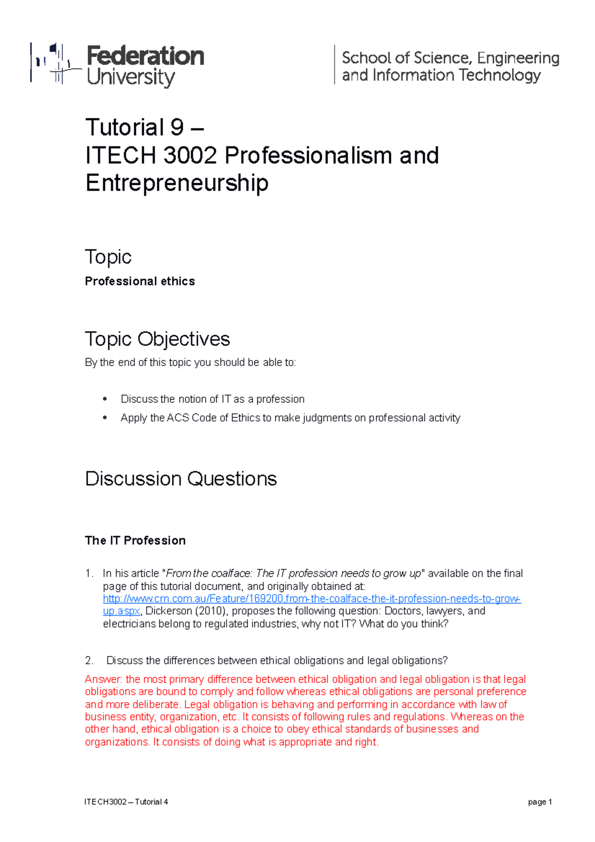 ITECH 3002 - tutorial 09 - Tutorial 9 – ITECH 3002 Professionalism and Entrepreneurship Topic ...