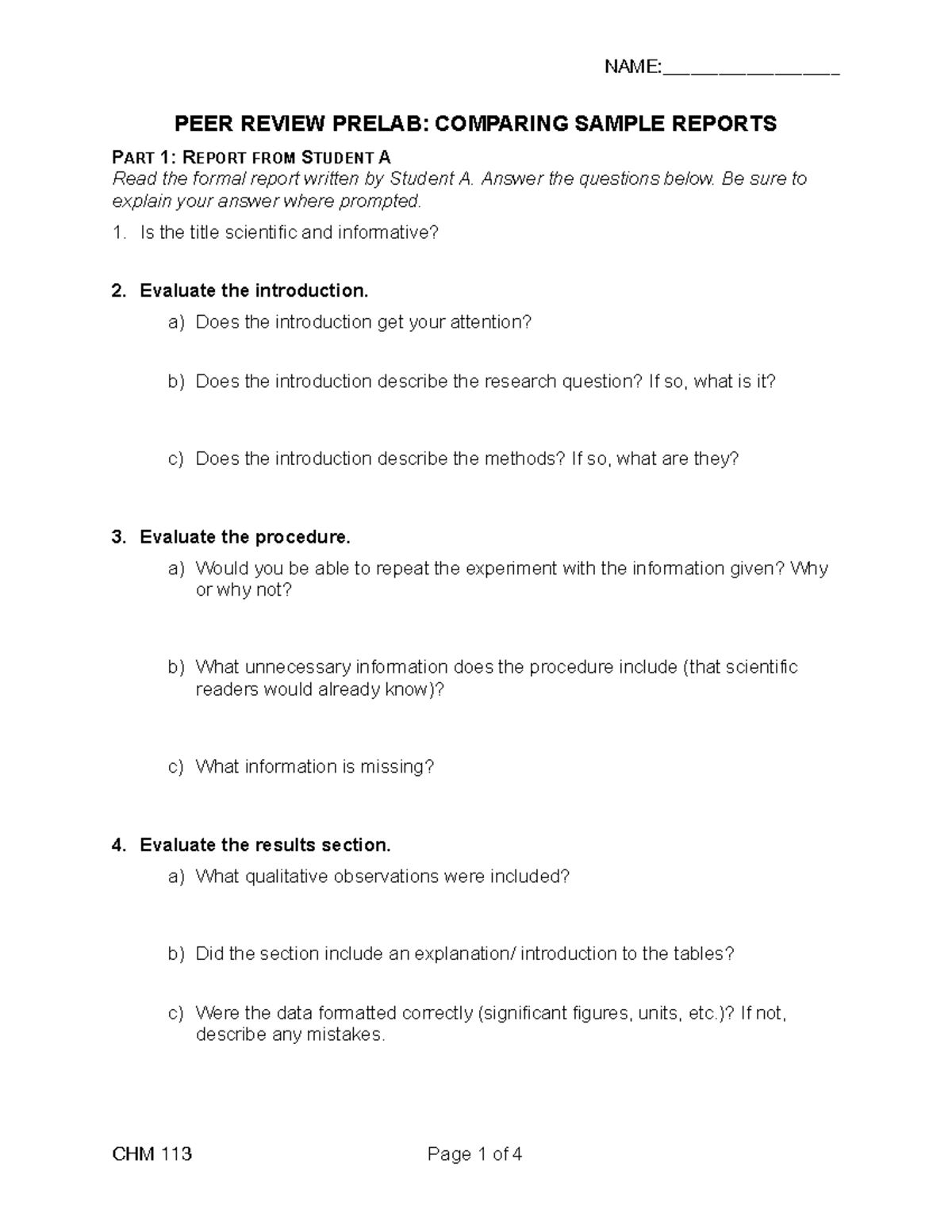 Peer Review Prelab Comparing Sample Reports F21 V1 - PEER REVIEW PRELAB ...