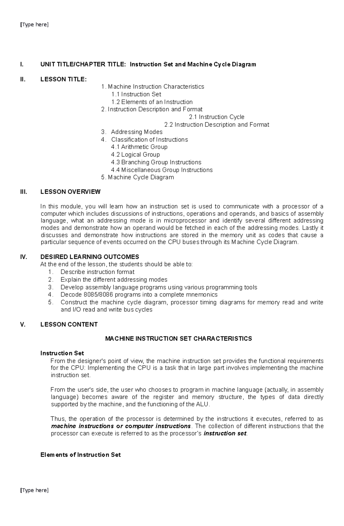 Module 5 Instruction Sets - I. UNIT TITLE/CHAPTER TITLE: Instruction ...