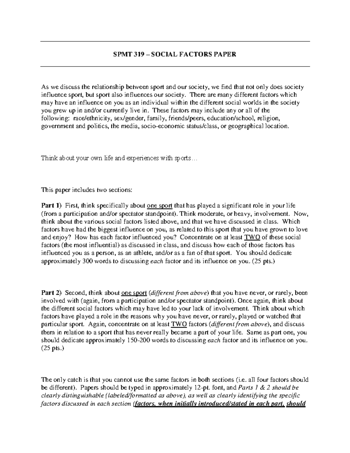 SPMT 319 - Social Factors Paper (Instructions) - SPMT 319 – SOCIAL ...