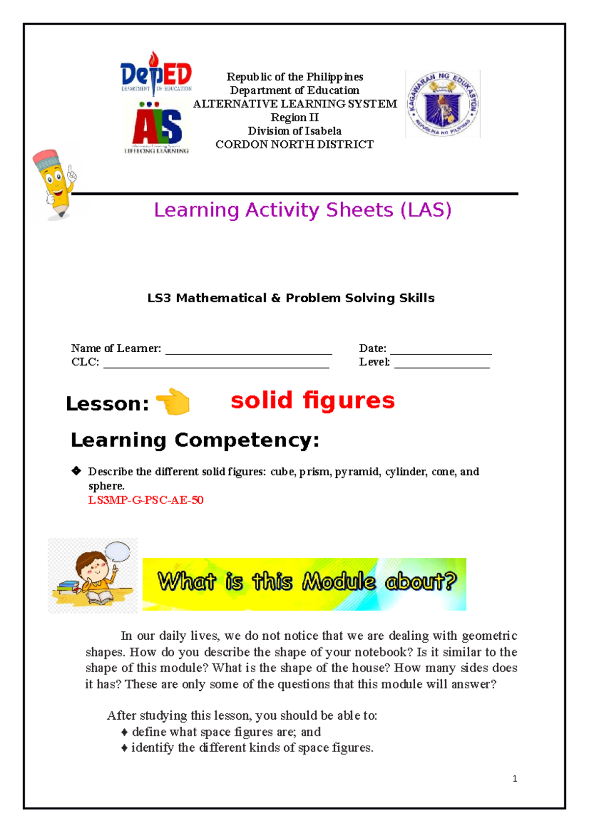 LS3 Modules with Worksheets Solid Figures new she - Republic of the ...