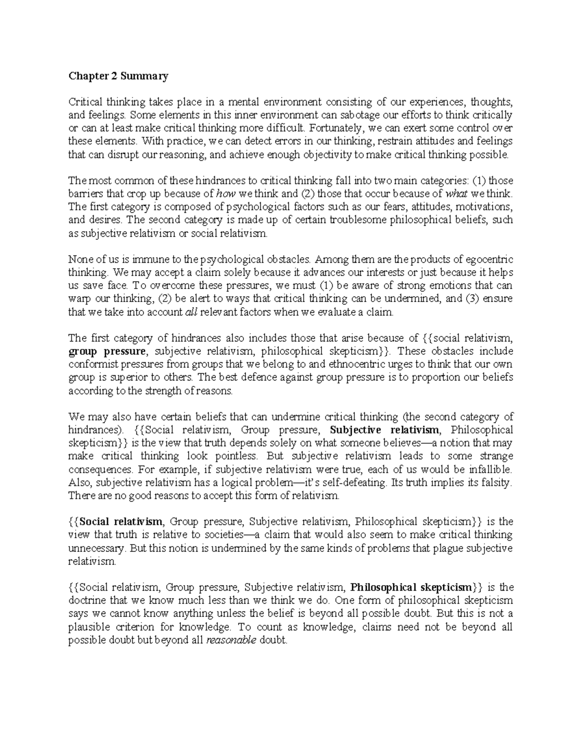 Chapter 2 Summary - Philosophy - Chapter 2 Summary Critical thinking ...