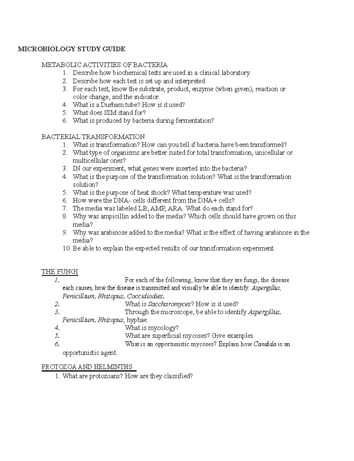 Metabolic Activities of Bacteria - MICROBIOLOGY STUDY GUIDE METABOLIC ...