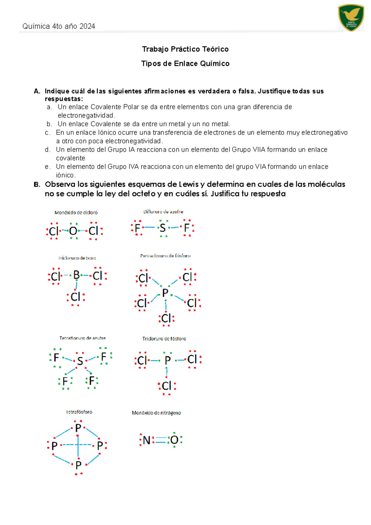 Practico Teorico Tipos de Enlace Quimico - Química 4to año 2024 Trabajo Práctico Teórico Tipos ...