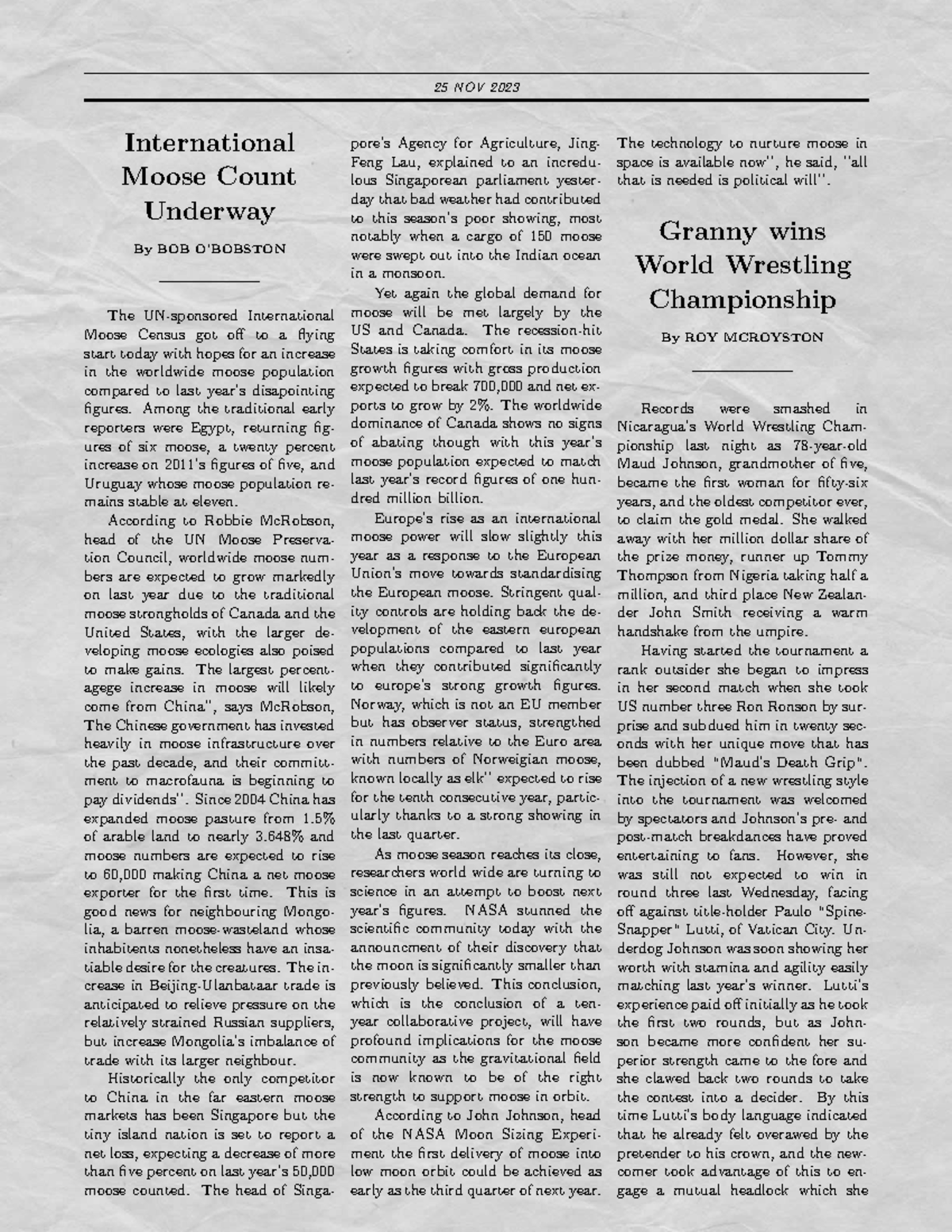 Newspaper - 25 NOV 2023 International Moose Count Underway By BOB O ...
