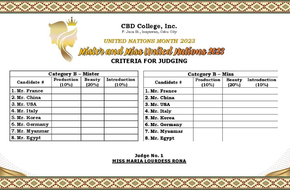 Cat. B - Cat. B - ####### F. Jaca St., Inayawan, Cebu City UNITED NATIONS MONTH 2023 CRITERIA ...