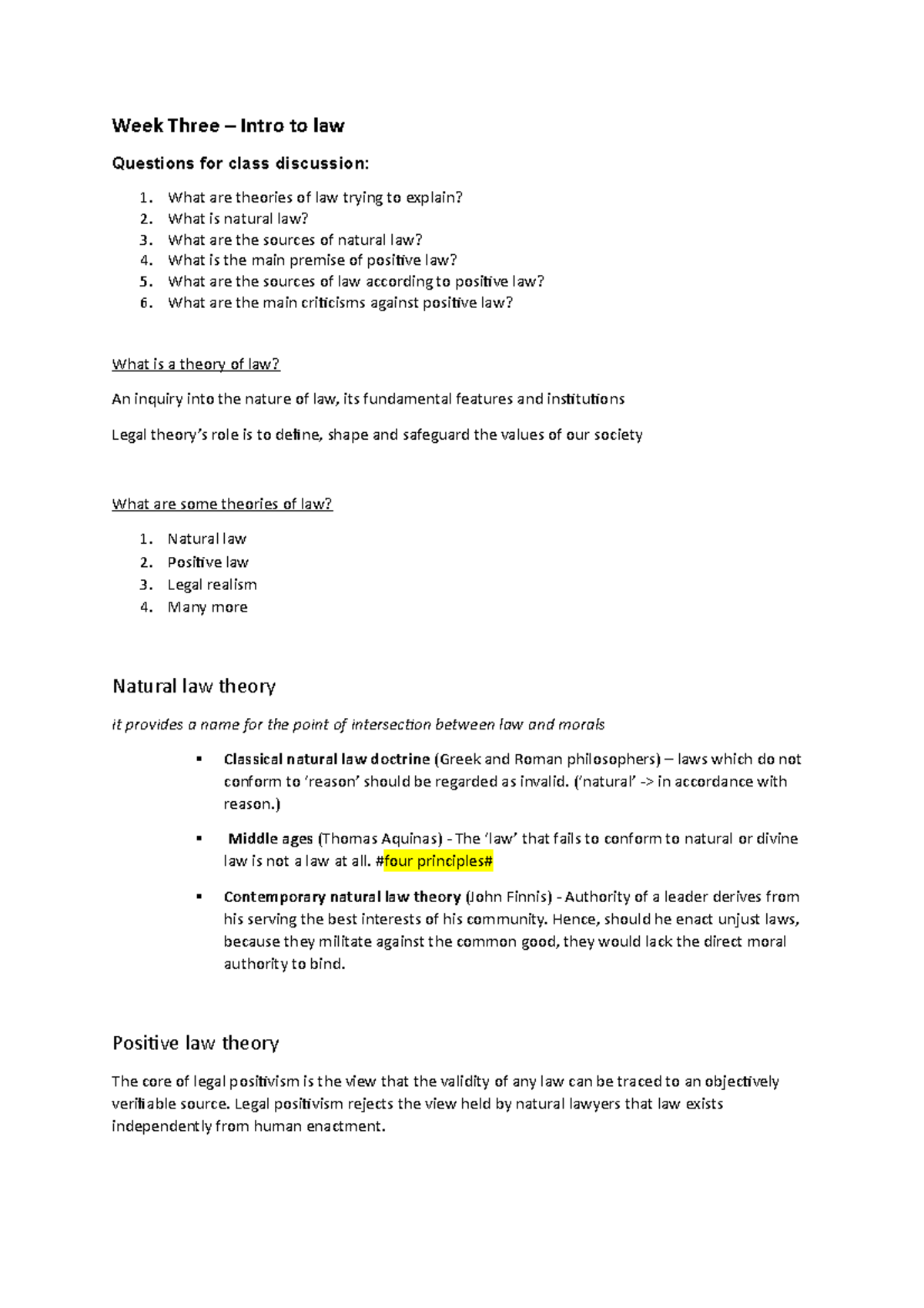Intro week 3 lecture notes - Week Three – Intro to law Questions for ...