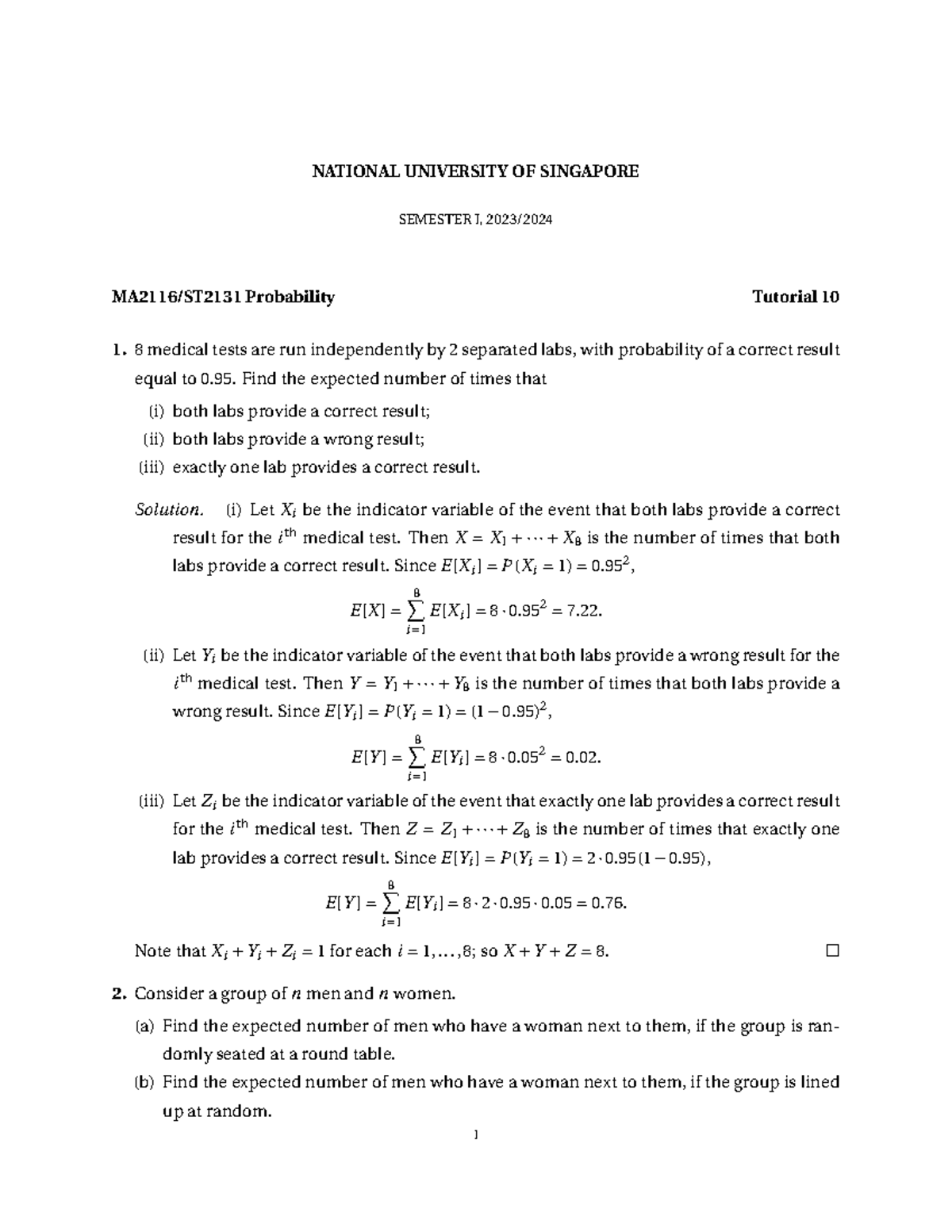 Probability-Solution 10 - NATIONAL UNIVERSITY OF SINGAPORE SEMESTER I ...