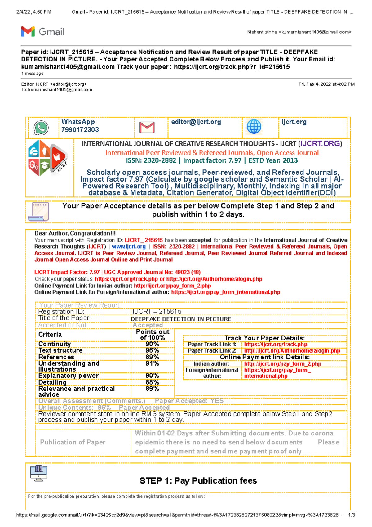 Gmail-~1 - das - 2/4/22, 4:50 PM Gmail - Paper id: IJCRT_215615 ...