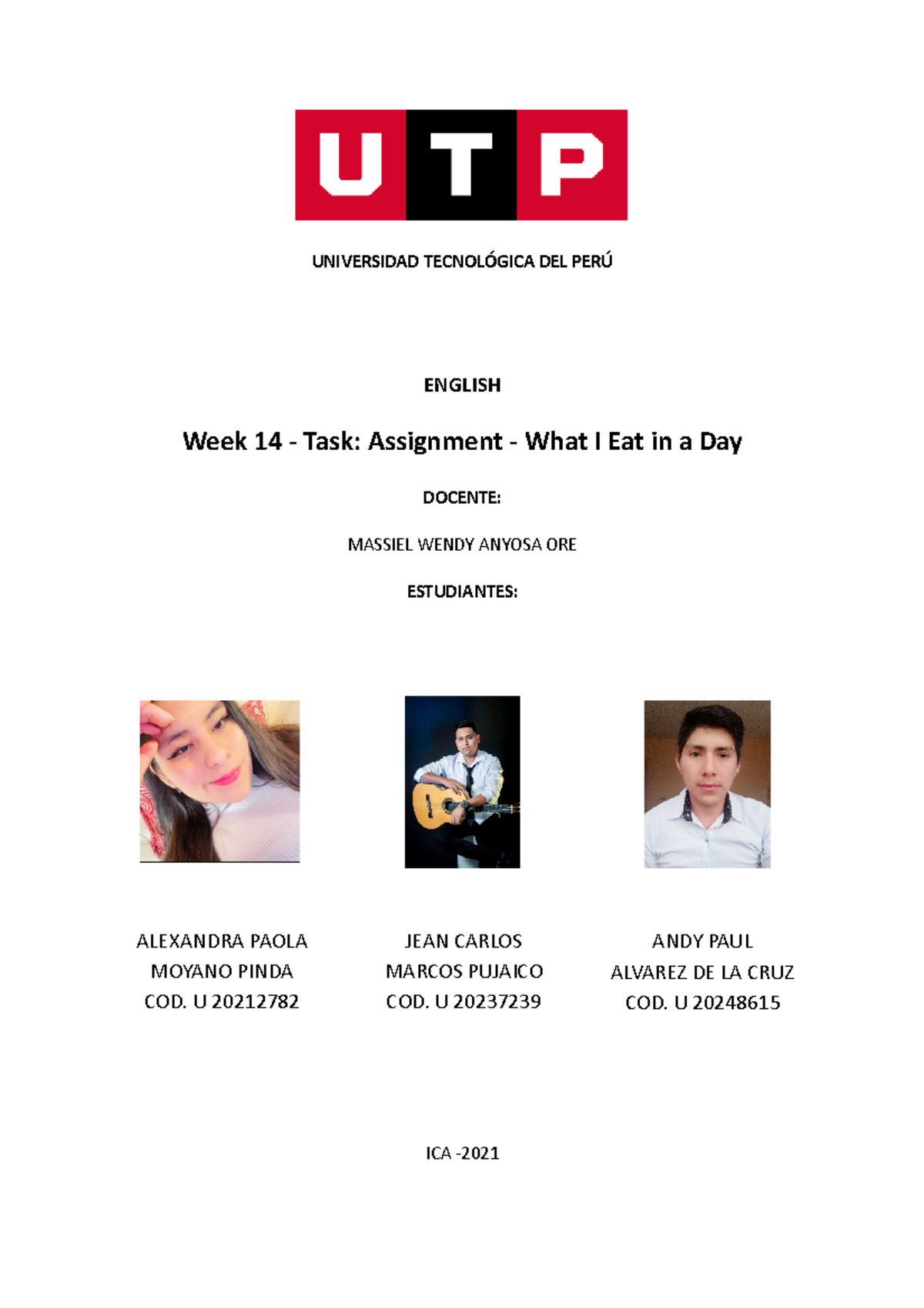 Semana 14_ ingles trabajo - UNIVERSIDAD TECNOLÓGICA DEL PERÚ ENGLISH Week 14 - Task: Assignment ...