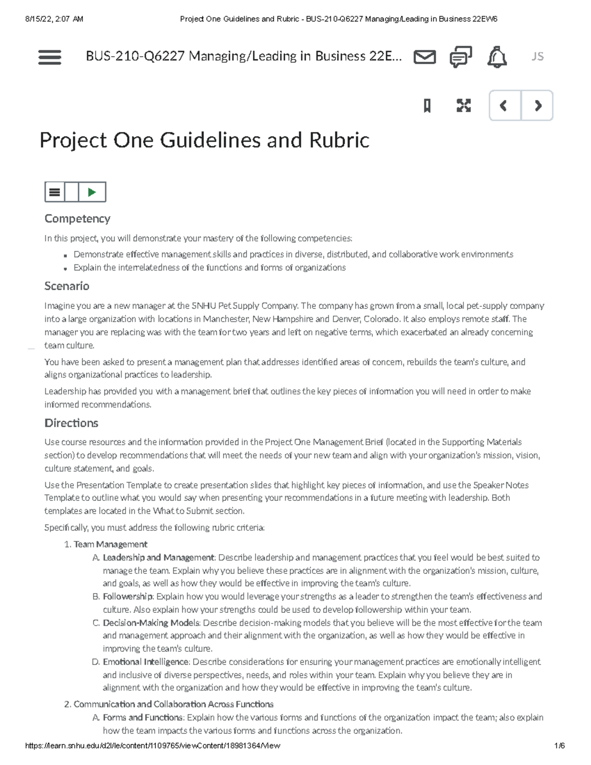 Project One Guidelines and Rubric - BUS-210-Q6227 Managing Leading in ...