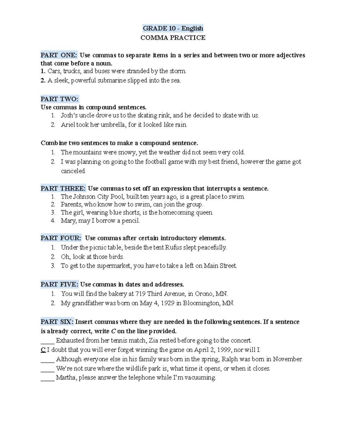 English - Comma Practice Activity - GRADE 10 - English COMMA PRACTICE ...