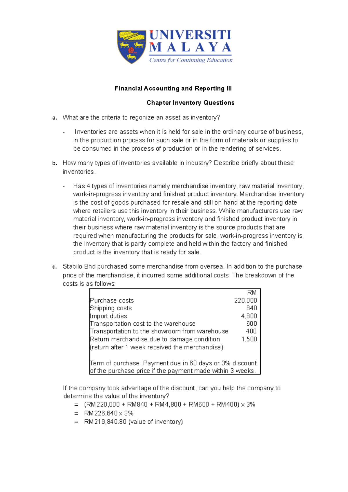 Tutorial Inventory -UDE2000 88 - Financial Accounting and Reporting III ...