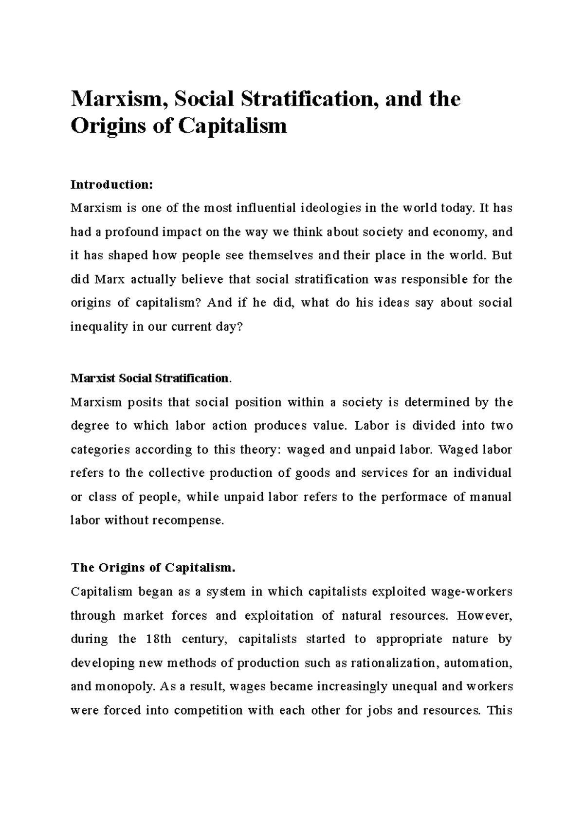 Marxism, Social Stratification, and the Origins of Capitalism - Marxism ...