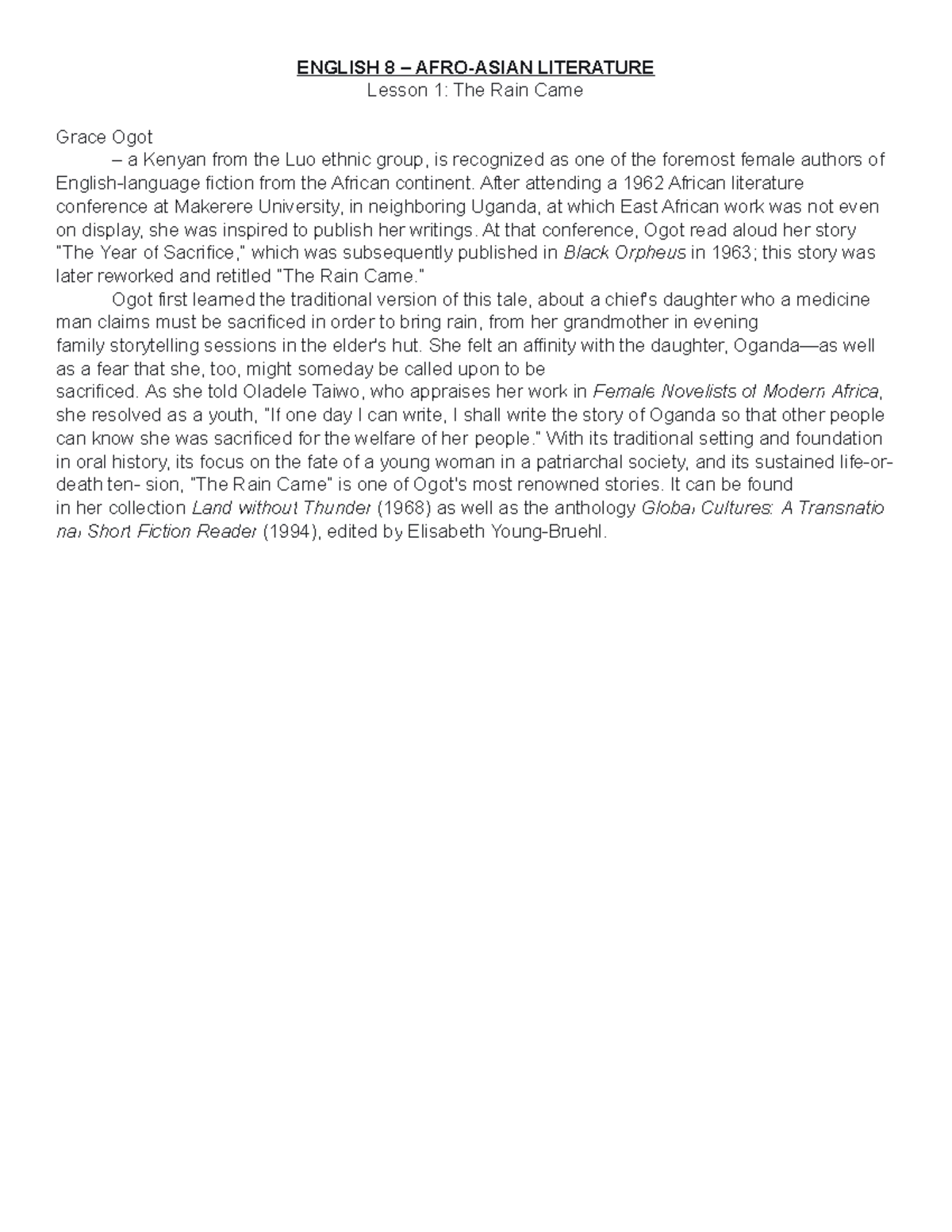 E8 - L1 Grace Ogot - ENGLISH 8 – AFRO-ASIAN LITERATURE Lesson 1: The ...