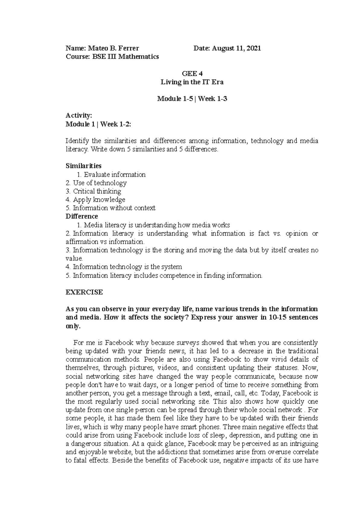 GEE 4 activityD ASD ASD ASD ASD ASDAS DSA DAS DASD AS - Name: Mateo B ...