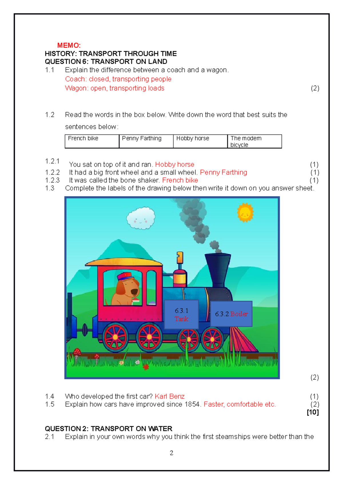 Gr 4 History MEMO - MEMO: HISTORY: TRANSPORT THROUGH TIME QUESTION 6 ...