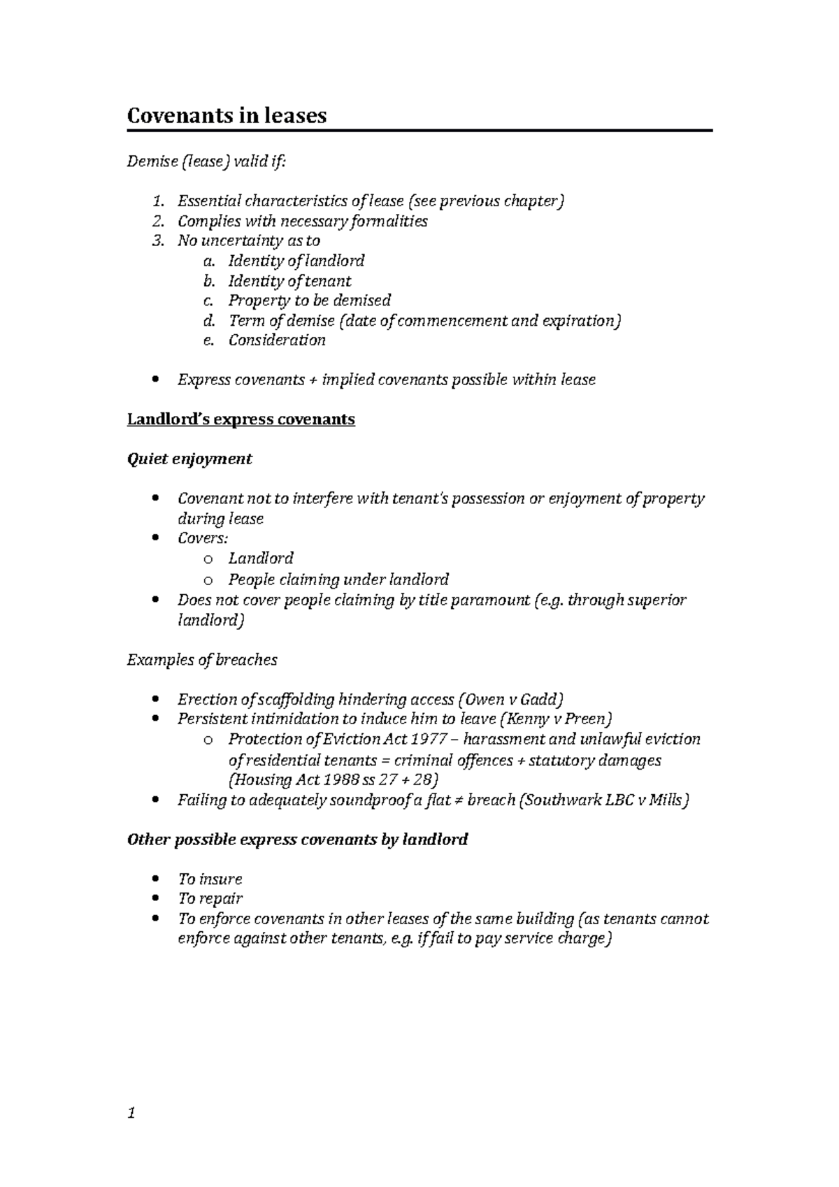 13 Covenants in leases - Land Law - Covenants in leases Demise (lease ...
