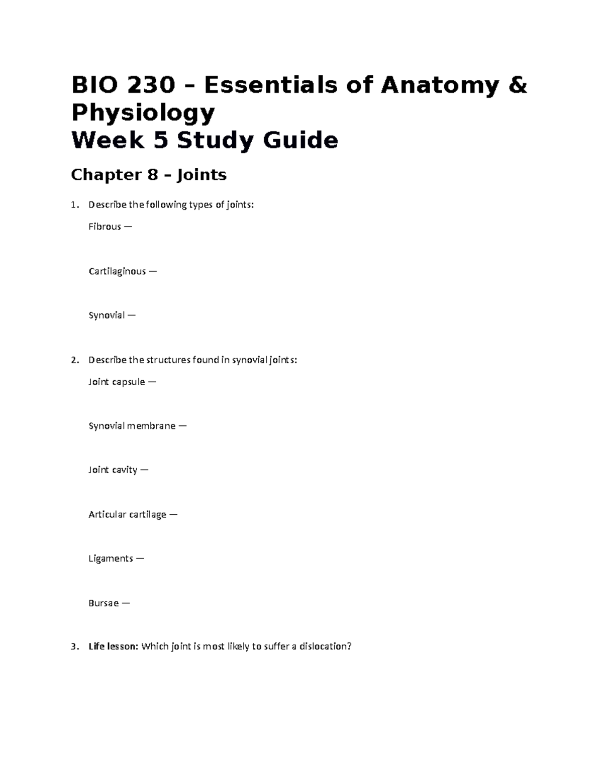 Bio230 document w05Study Guide - BIO 230 – Essentials of Anatomy ...