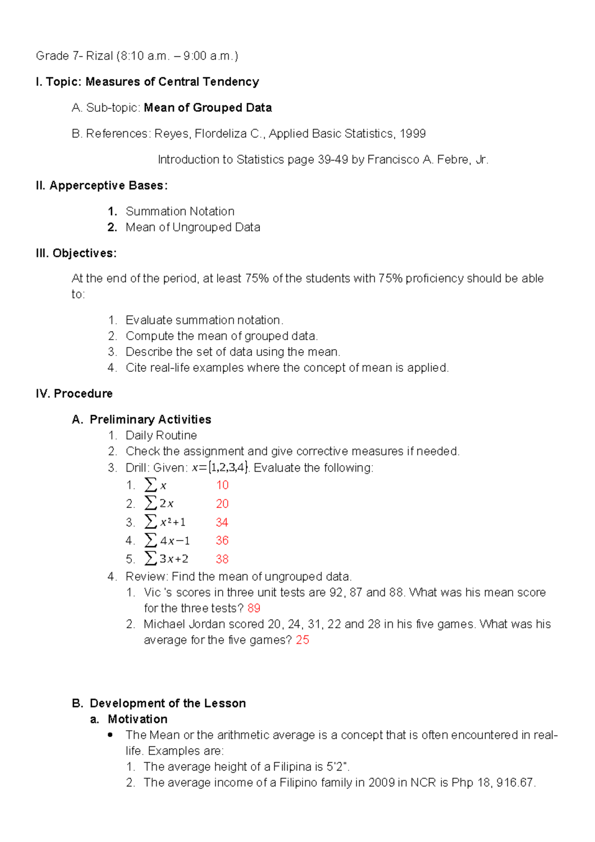 Mean Lesson Plan - Grade 7- Rizal (8:10 a. – 9:00 a.) I. Topic ...