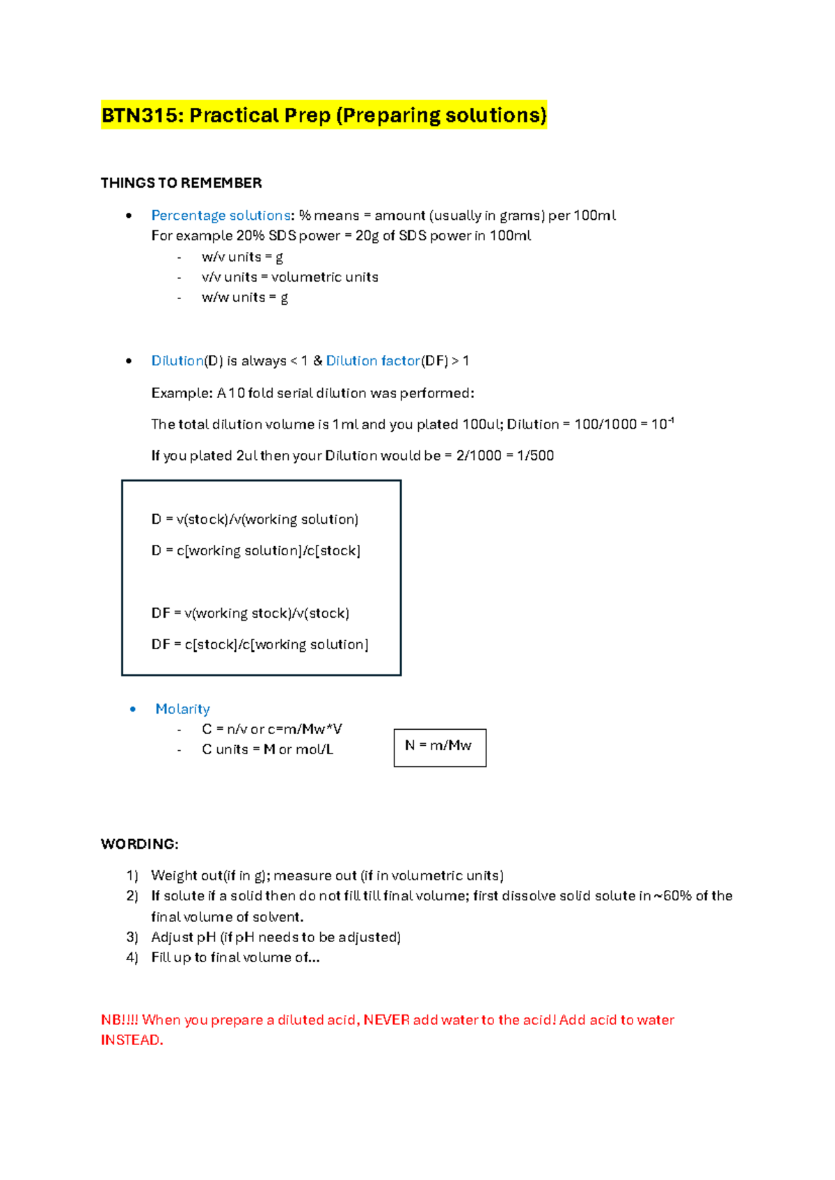 BTN315 Prac Prep Preparing solutions - BTN315: Practical Prep (Preparing solutions) THINGS TO ...