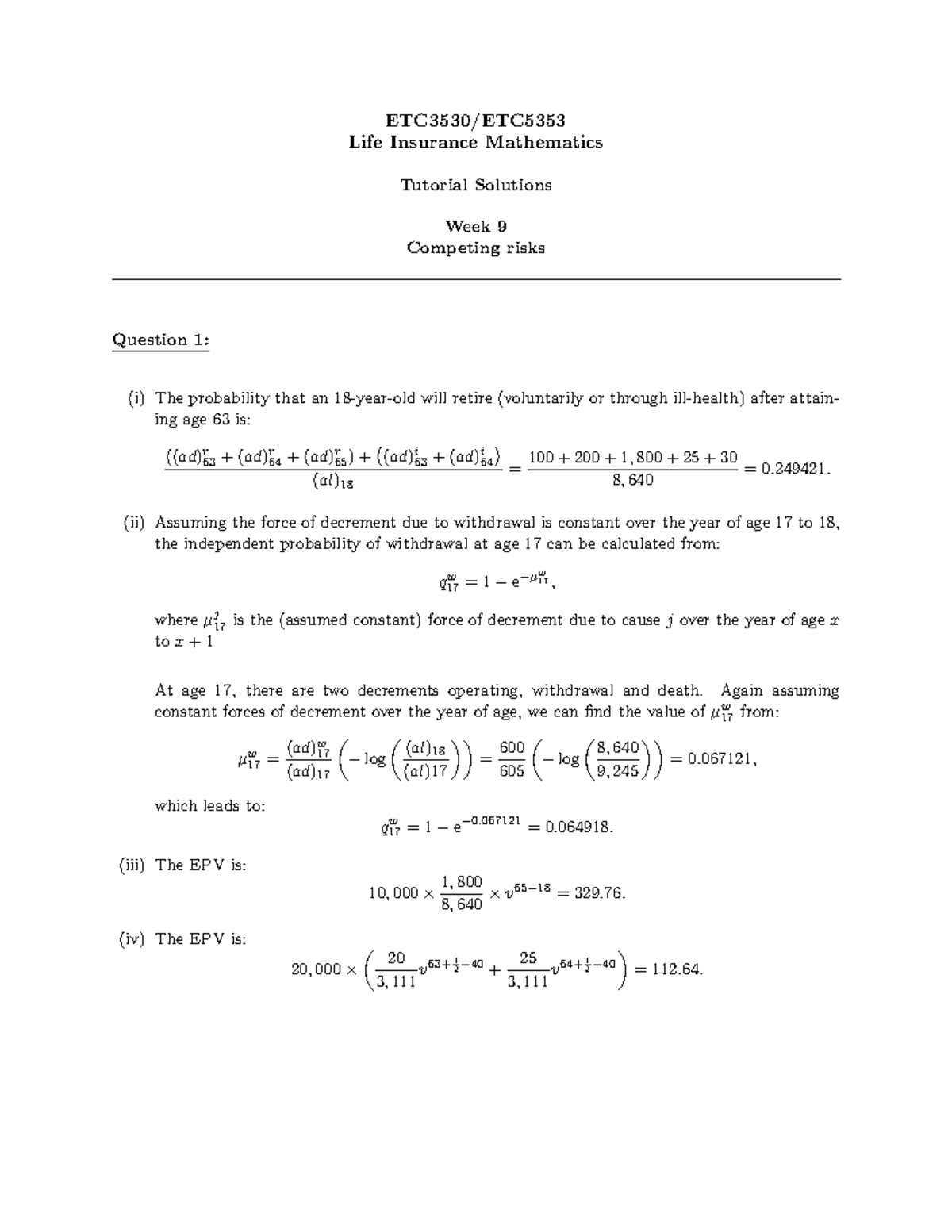 ETC3530 5353 Tutorial Week 9a Solutions - ETC3530/ETC Life Insurance Mathematics Tutorial ...