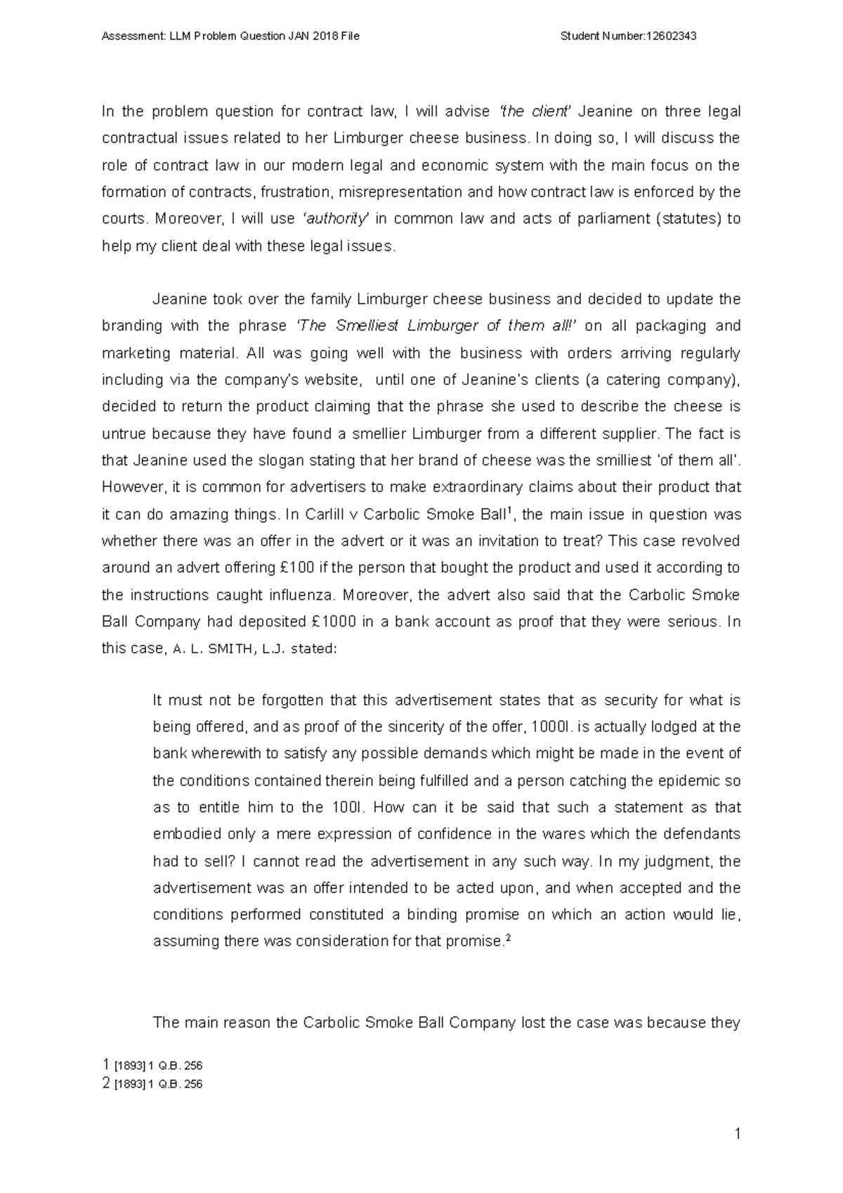 Assessment LLM Problem Question Contract Law JAN 2018 - In the problem ...