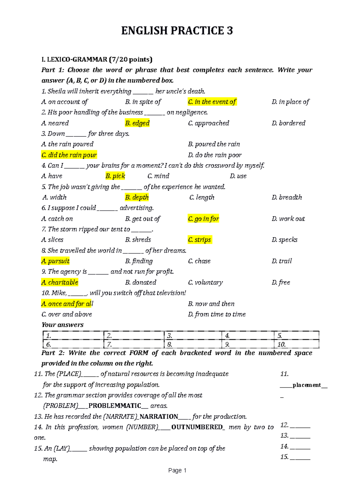 ĐỀ 3 - English exercises - ENGLISH PRACTICE 3 I. LEXICO-GRAMMAR (7/20 ...