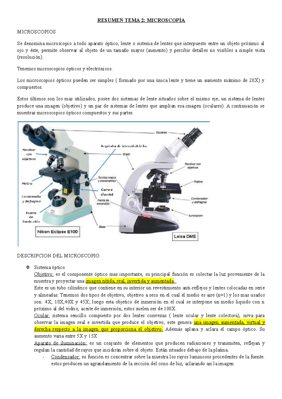 Resumen TEMA 2 microscopia - RESUMEN TEMA 2: MICROSCOPÍA MICROSCOPIOS ...