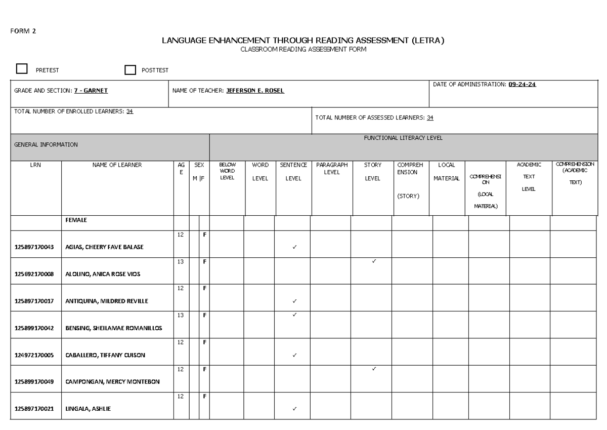 FORM-2 Classroom- Reading- Assessment-FORM - FORM 2 LANGUAGE ...