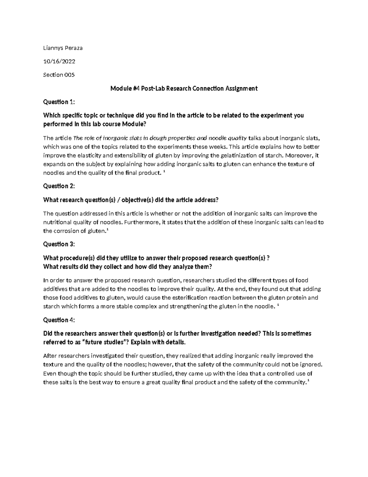 Module #4 Post-Lab Research Connection Assignment - Copy - Liannys Peraza 10/16/ Section 005 ...