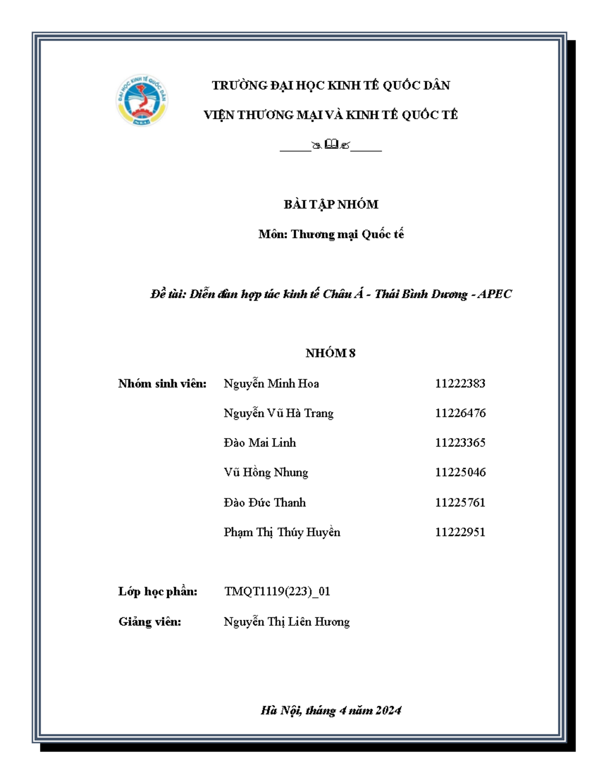 BTN TMQT - Thương mại quốc tế - TRƯỜNG ĐẠI HỌC KINH TẾ QUỐC DÂN VIỆN THƯƠNG MẠI VÀ KINH TẾ QUỐC ...