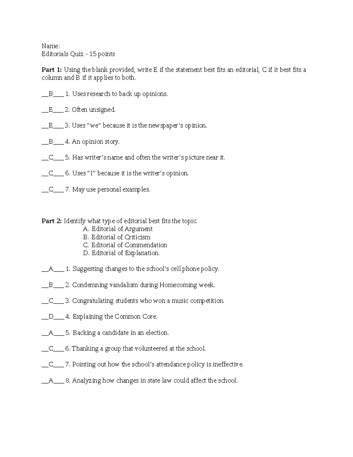 Answer-key -editorials-quiz - Name: Editorials Quiz - 15 points Part 1 ...
