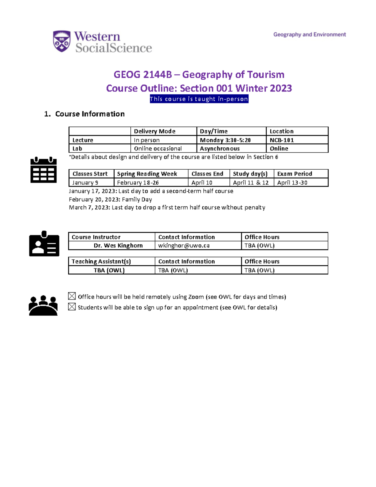 Outline GEO 2144 - GEOG 2144B – Geography of Tourism Course Outline ...
