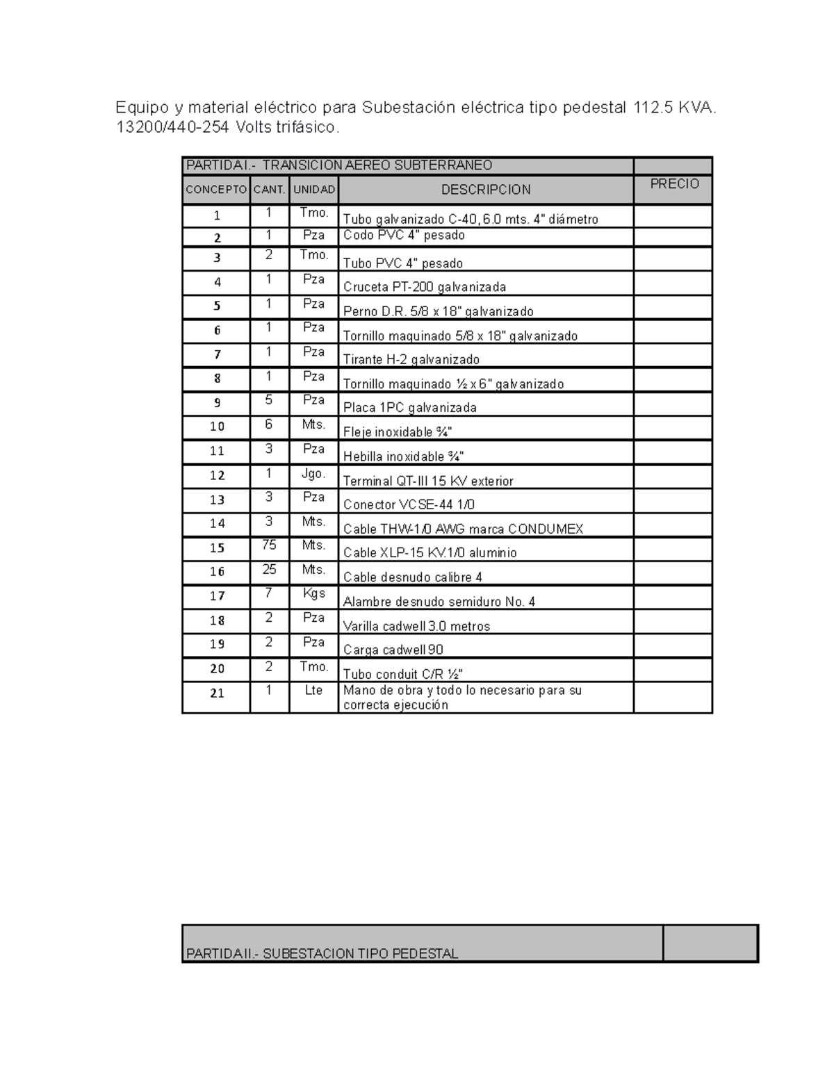 Lista De Materiales Equipo Y Material Eléctrico Para Subestación