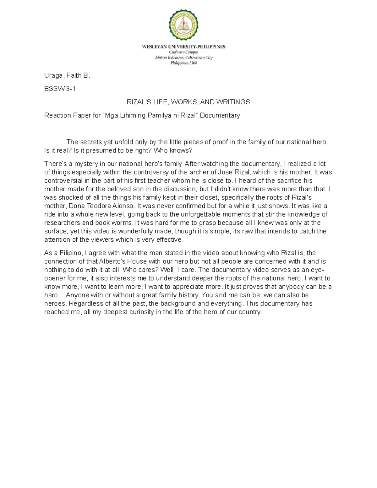 Midterm Assignment Reaction Paper - Uraga, Faith B. BSSW 3- RIZAL’S ...